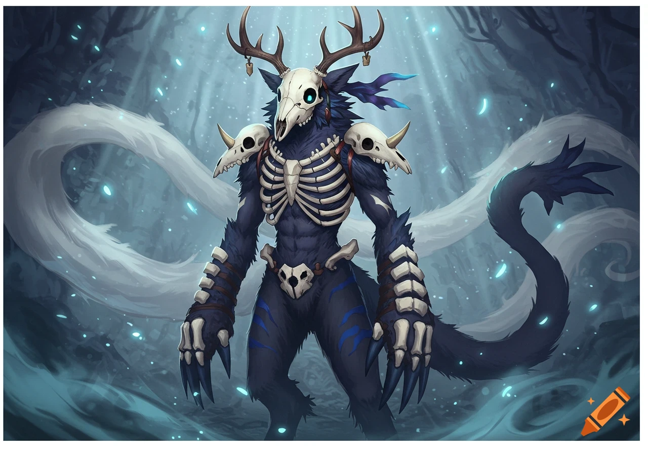 A dark furred, deer-skull masked creature with a skeletal chest ...