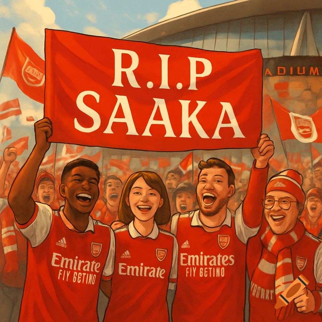 Arsenal football fans hold up a red banner reading "R.I.P SAAKA" in ...