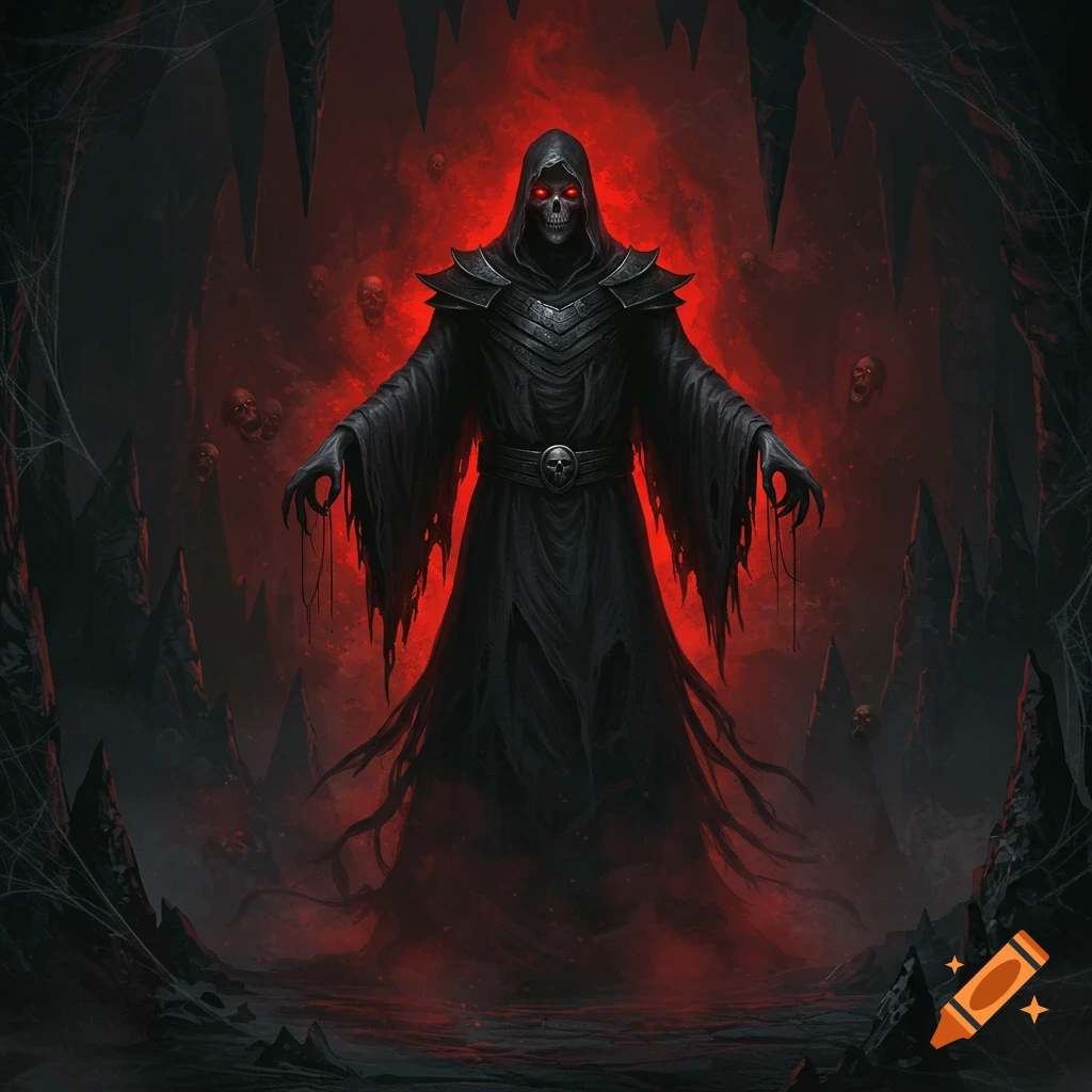A grim reaper-like figure with glowing red eyes stands in a dark, red ...