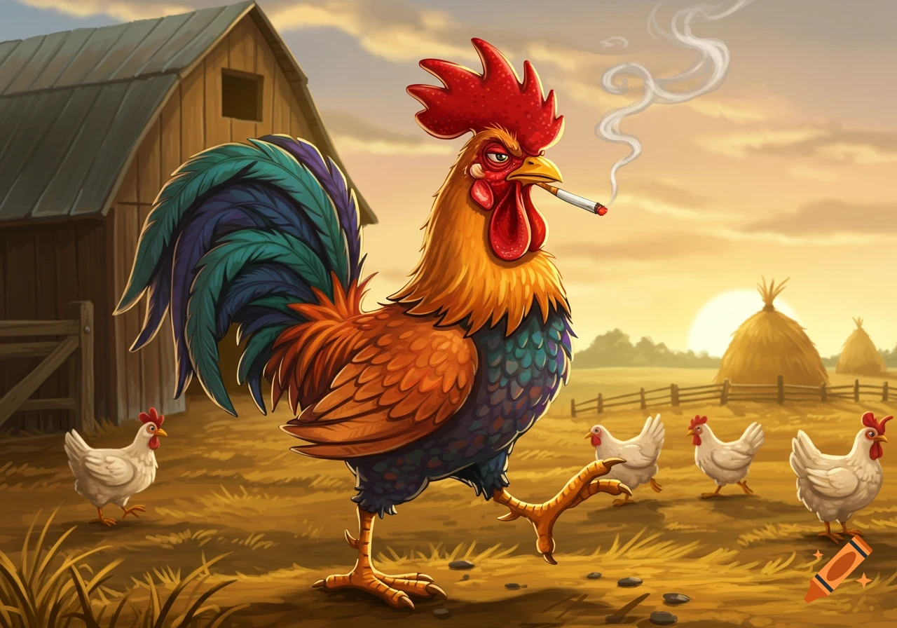 A colorful cartoon rooster with an angry expression smokes a cigarette ...