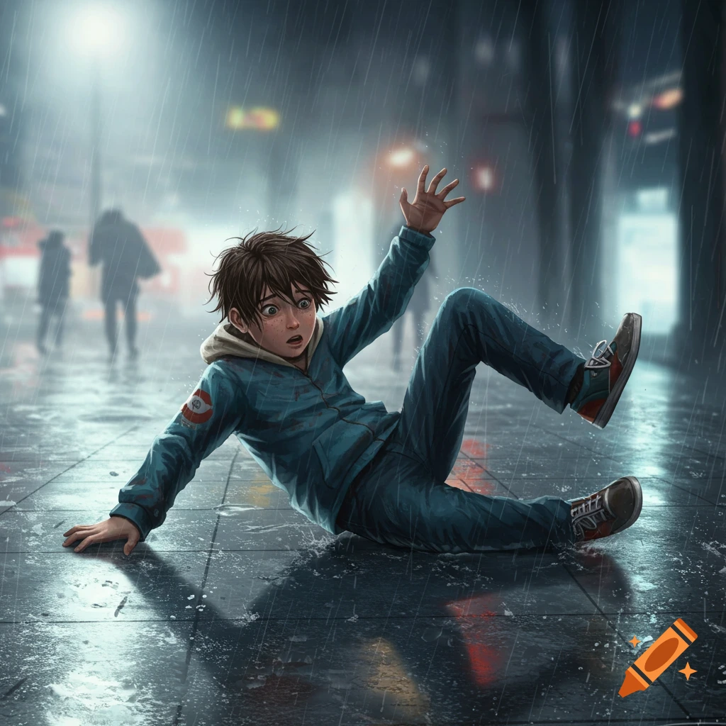 An illustration of a young boy falling backwards onto a wet, rainy city ...