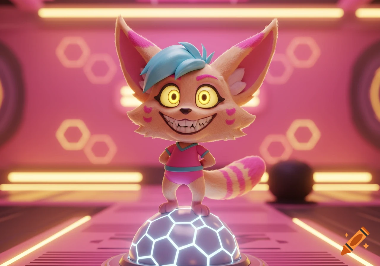 A mischievous cartoon fox-like character with yellow eyes and a wide ...