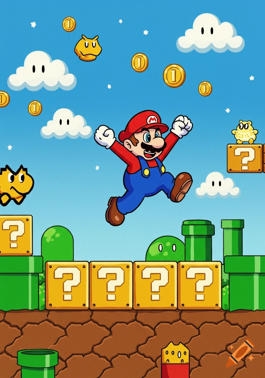 Cartoon Mario jumps over question blocks and pipes in a classic 2D ...