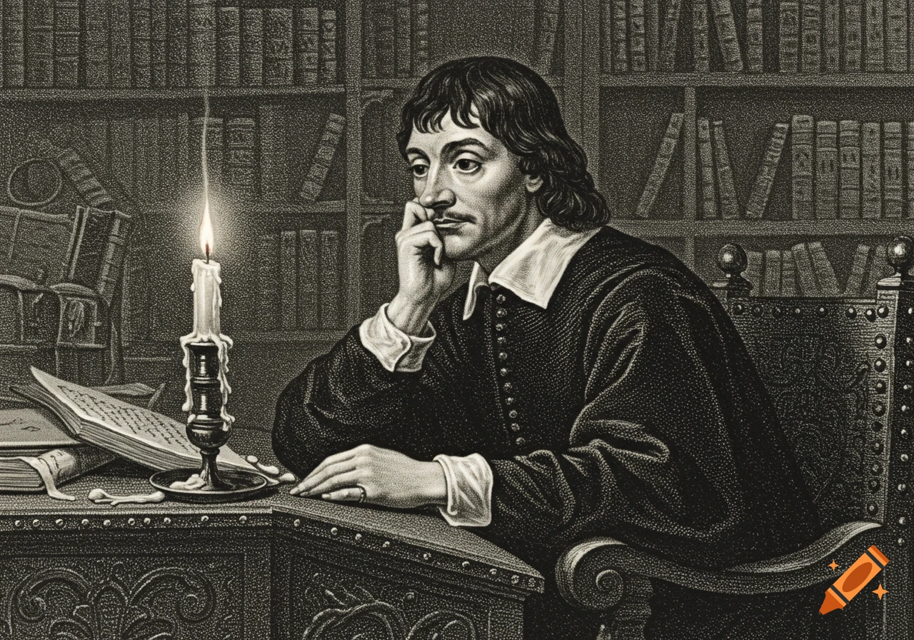 An etching-style portrait of Rene Descartes sitting at a desk, hand on ...