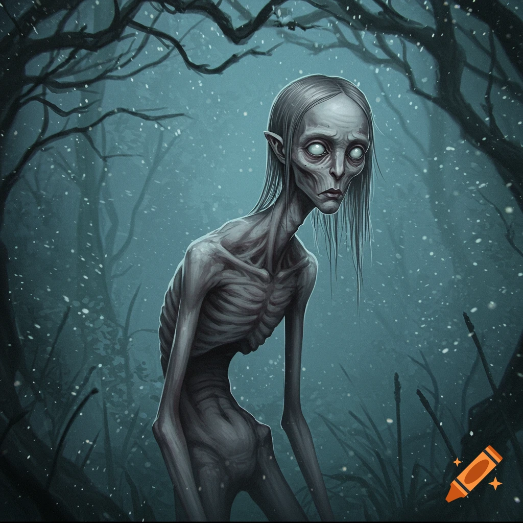 A gaunt, hunched humanoid creature with pale glowing eyes and lank hair ...
