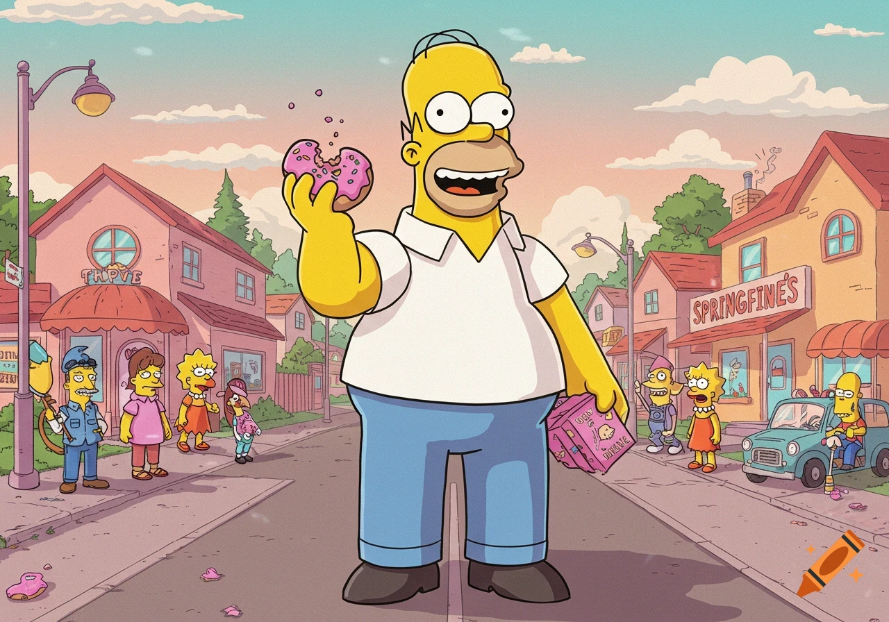 Homer Simpson stands in the middle of a street, holding a half-eaten ...