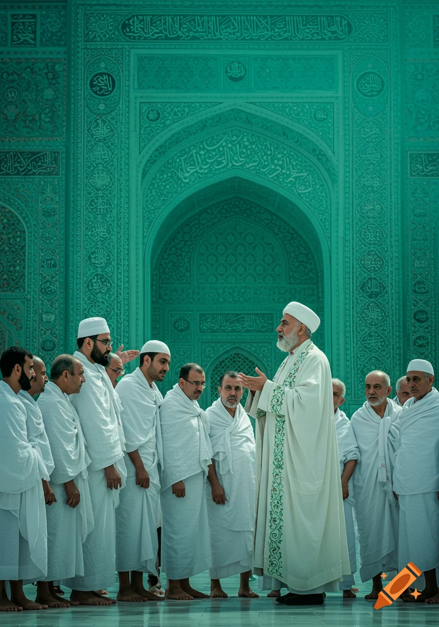 A bearded cleric in an embellished white robe speaks to men in white ...