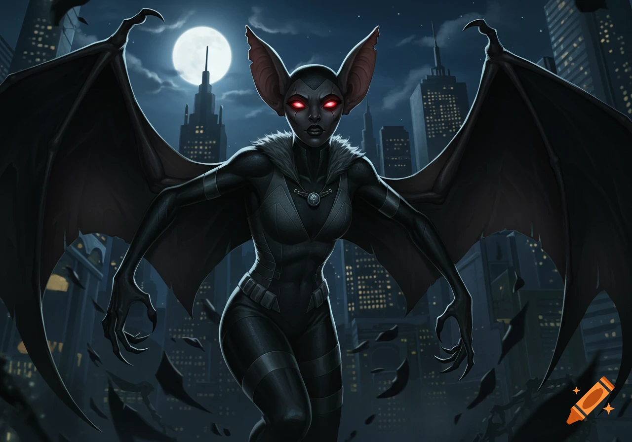 A dark fantasy comic art of a female bat-like superhero with glowing ...