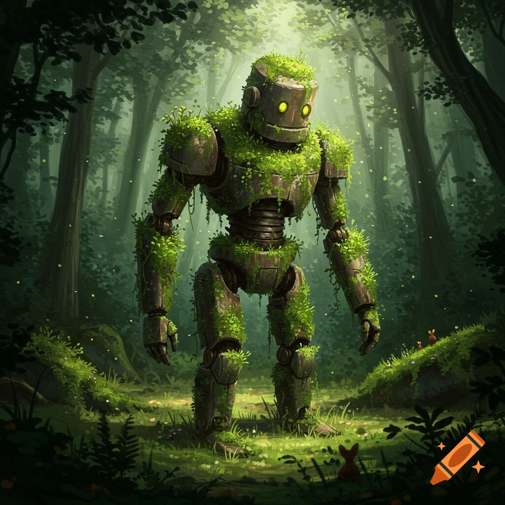A large, ancient, moss-covered robot with glowing yellow eyes stands in ...