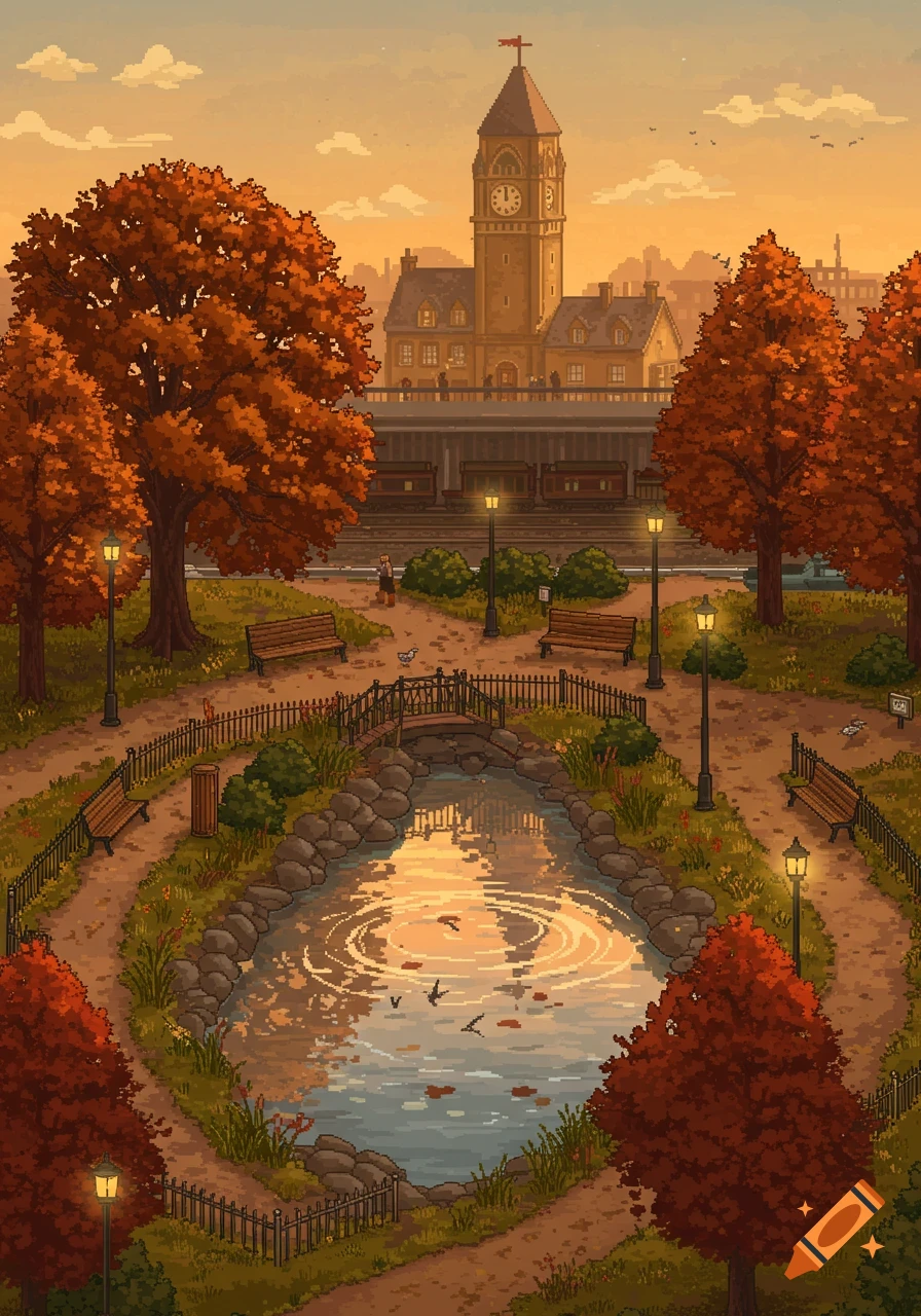 Pixel art autumn park scene with a pond, orange trees, and a clock ...
