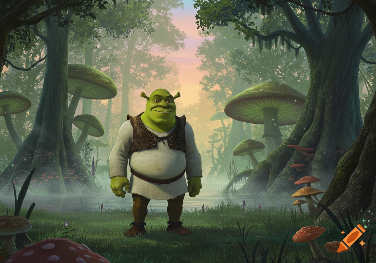 Shrek stands smiling in a magical, misty swamp forest surrounded by ...