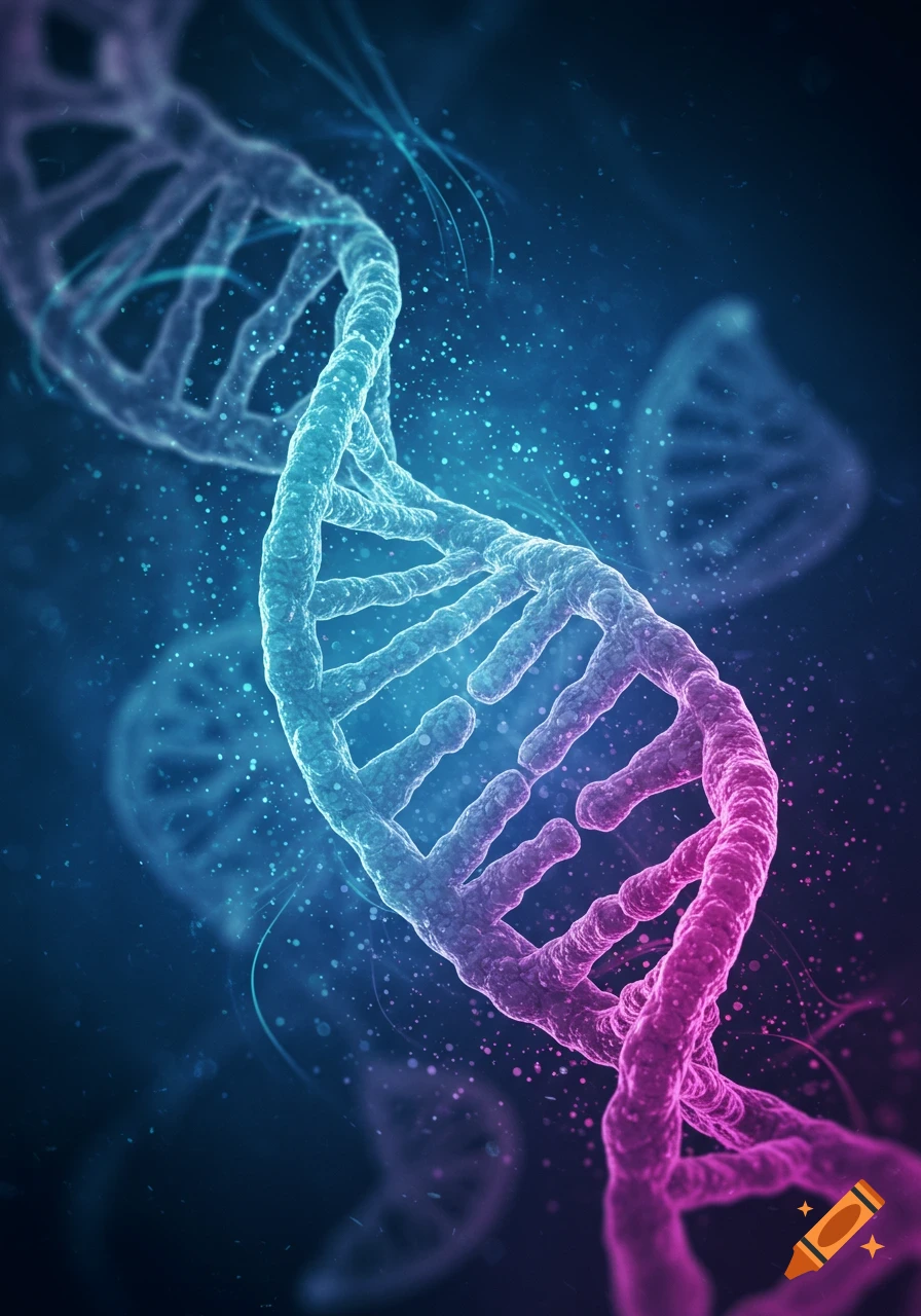 Vibrant glowing double helix DNA strand, blue and purple, against a ...