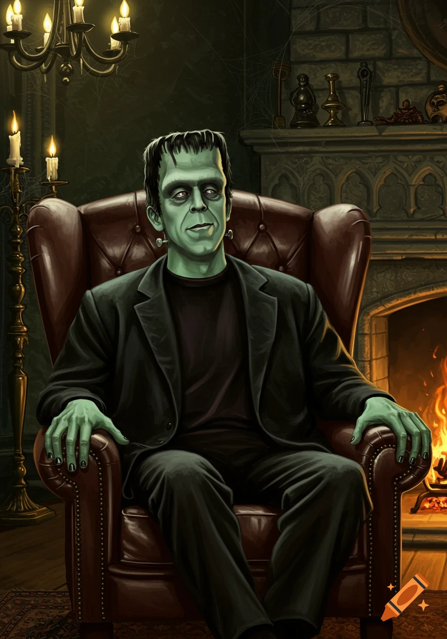 Digital painting of Frankenstein's monster sitting in a leather ...