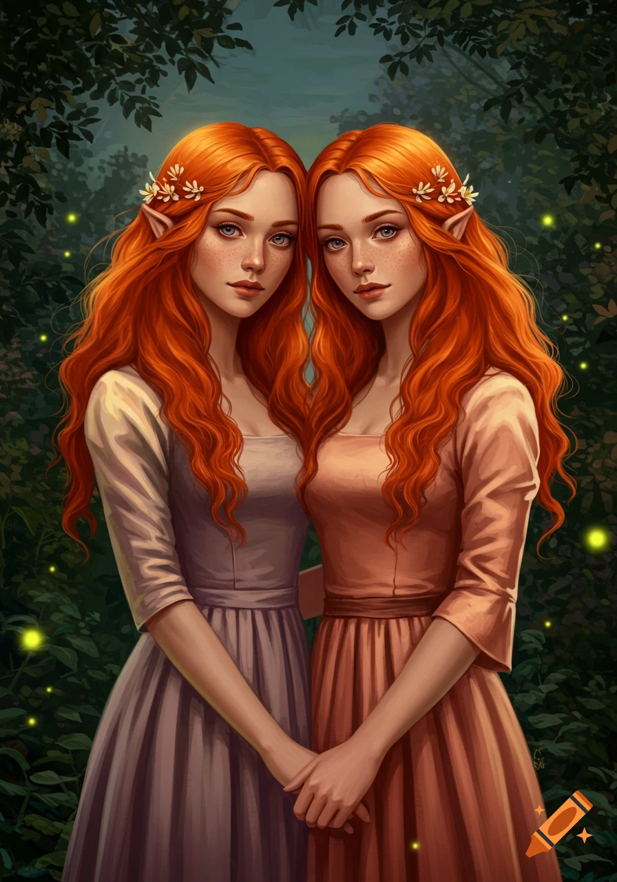 Illustration of two identical red-haired elves with pointed ears ...