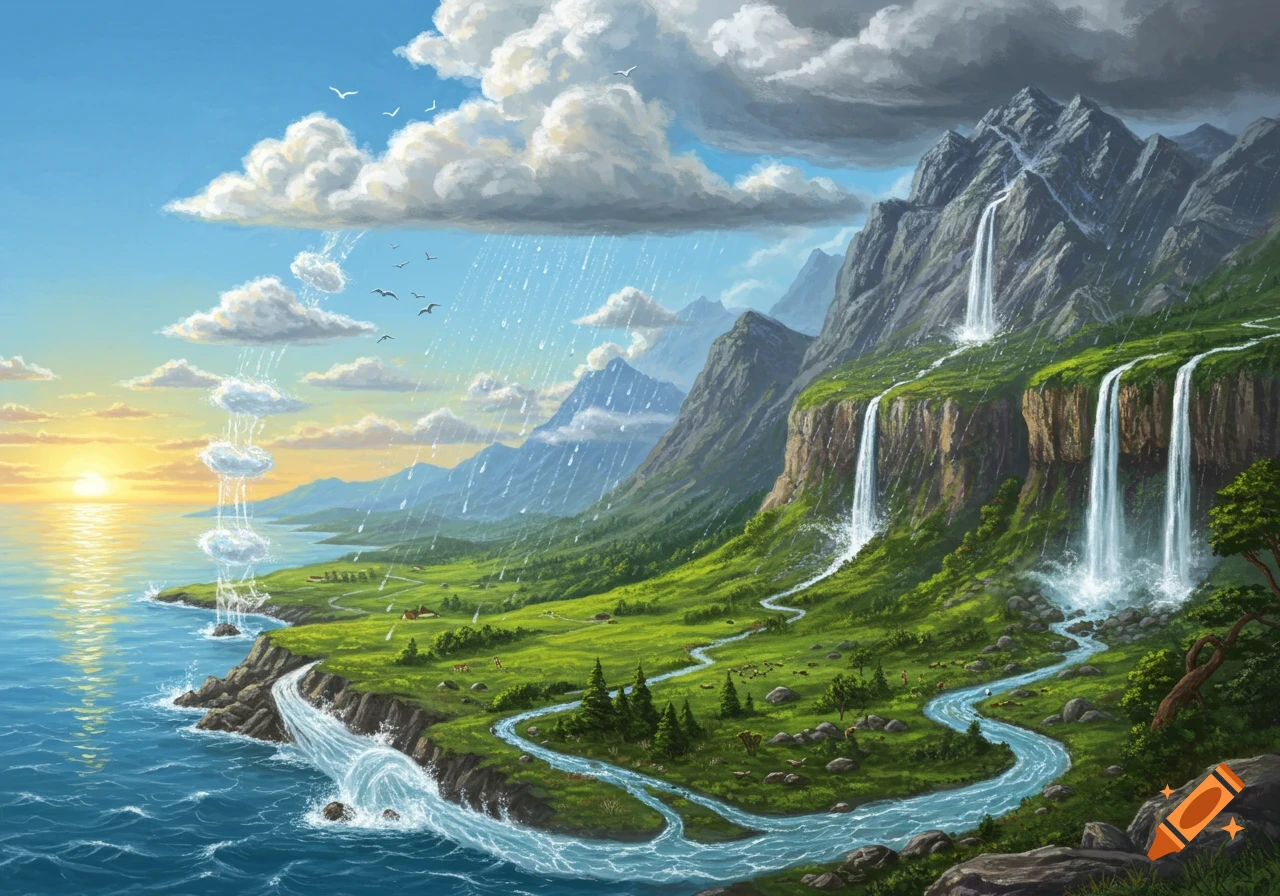 A vibrant illustration showing the water cycle with mountains ...