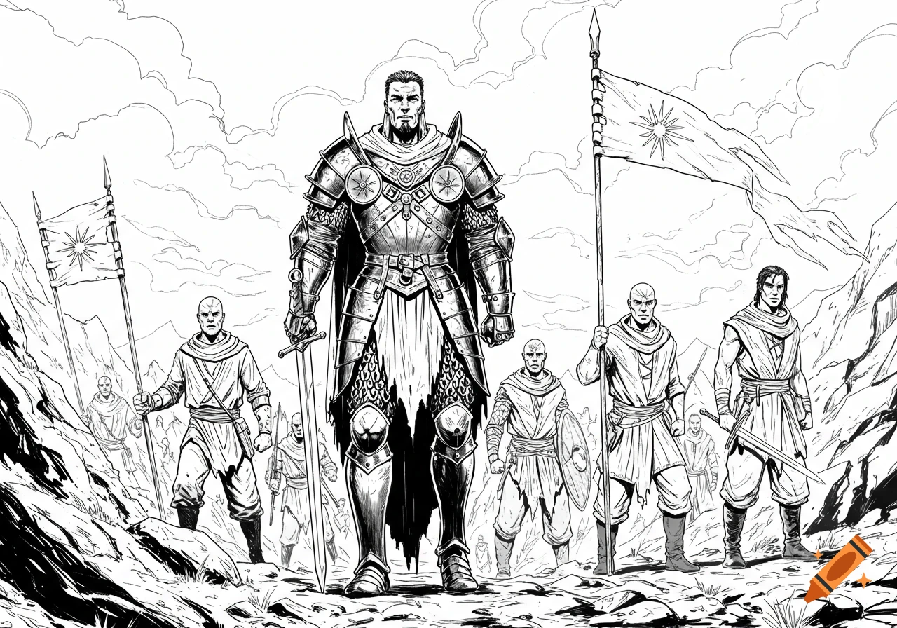 Black and white line art of a powerful fantasy knight in armor leading ...