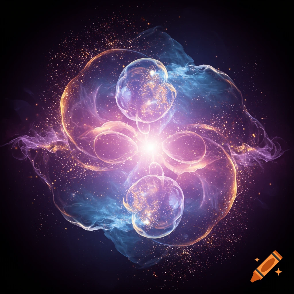 Abstract cosmic energy with glowing purple and gold bubbles, swirling ...