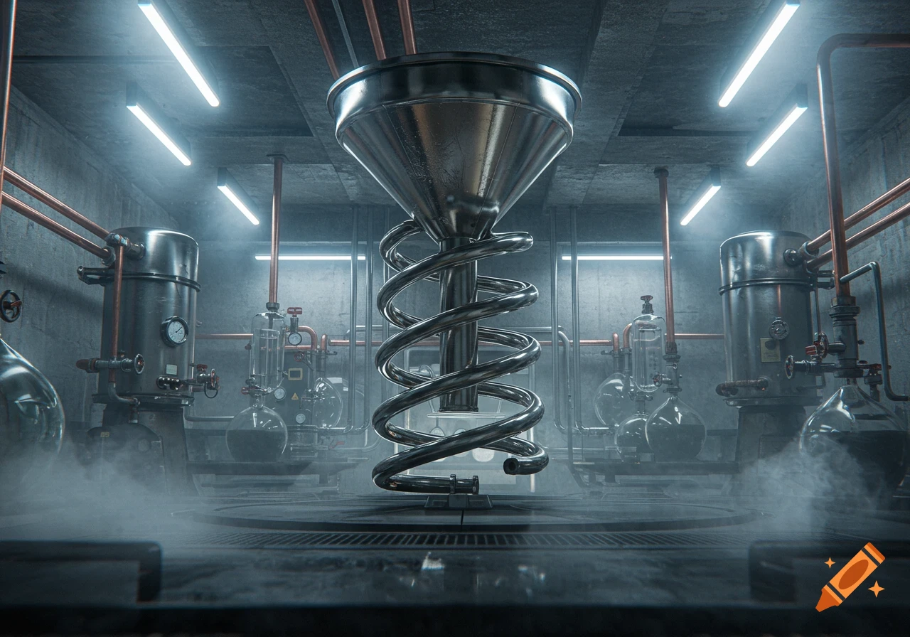A large metal funnel with a spiral pipe in a dark, steamy industrial or ...