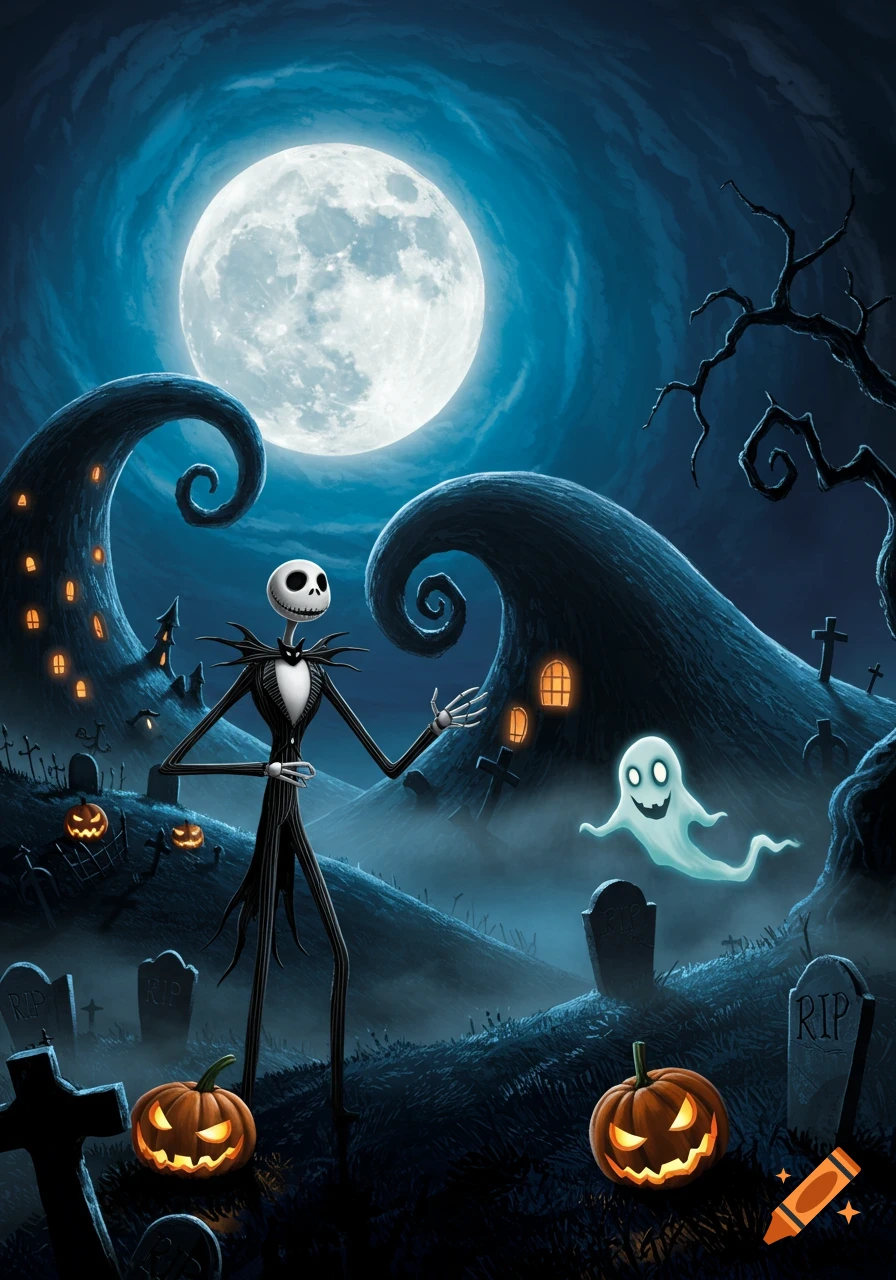 Jack Skellington in a spooky graveyard with glowing pumpkins and a ...