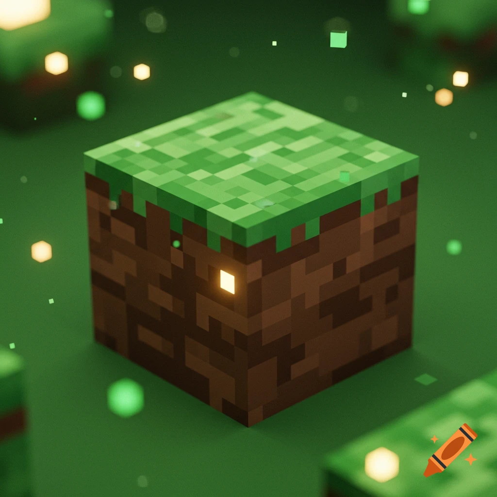 A pixelated Minecraft grass and dirt block with glowing yellow and ...