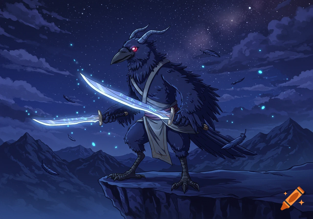 An anthropomorphic crow-like creature with horns and glowing red eyes ...
