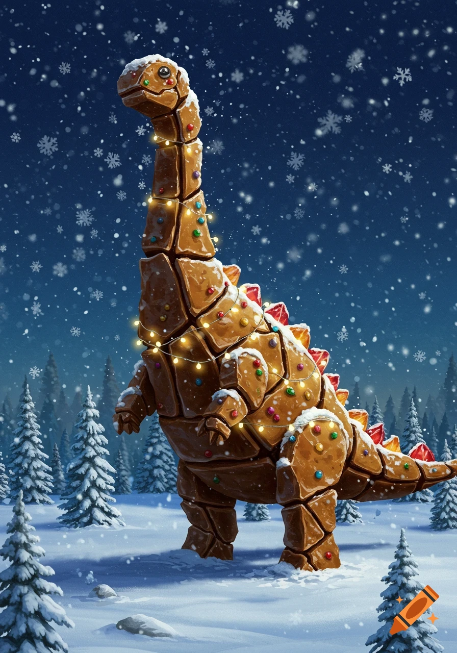 A large, segmented gingerbread dinosaur, decorated with Christmas ...