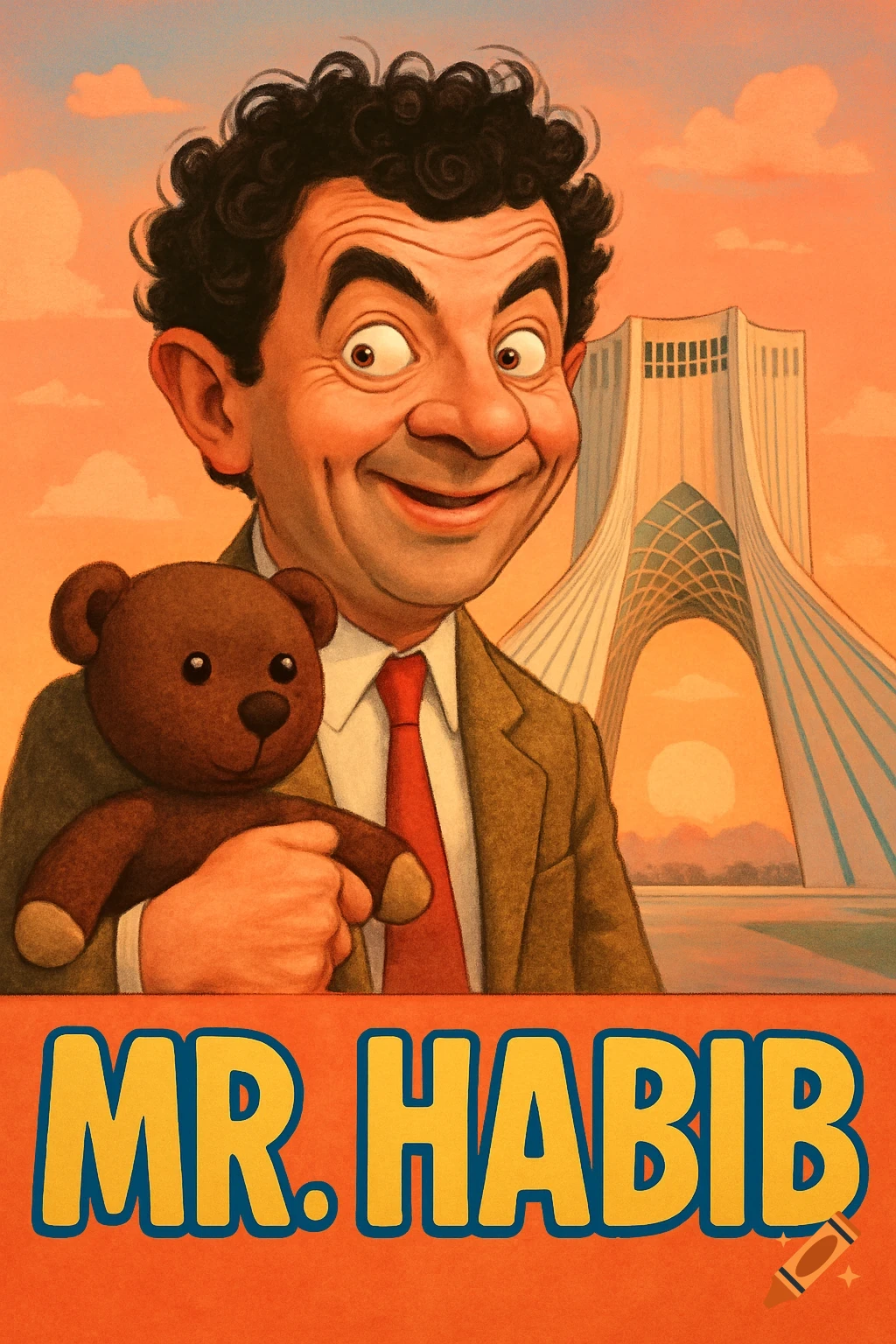 A cartoon Mr. Bean with curly hair holds a teddy bear, smiling in front ...