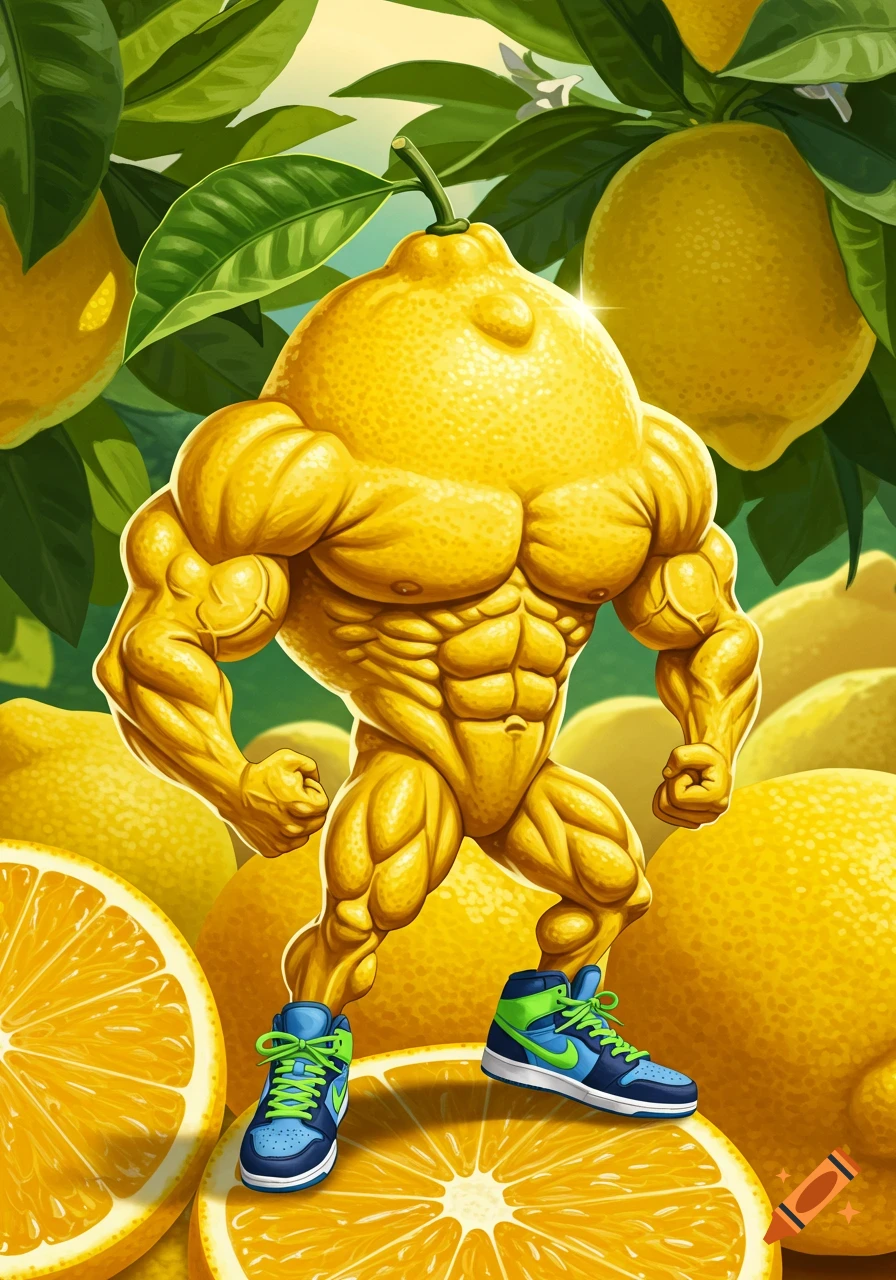 A super muscular, anthropomorphic lemon with bulging muscles wears blue ...