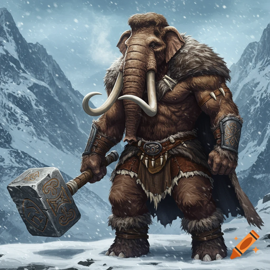 A muscular, furry Loxodon barbarian with tusks, holding a stone hammer ...