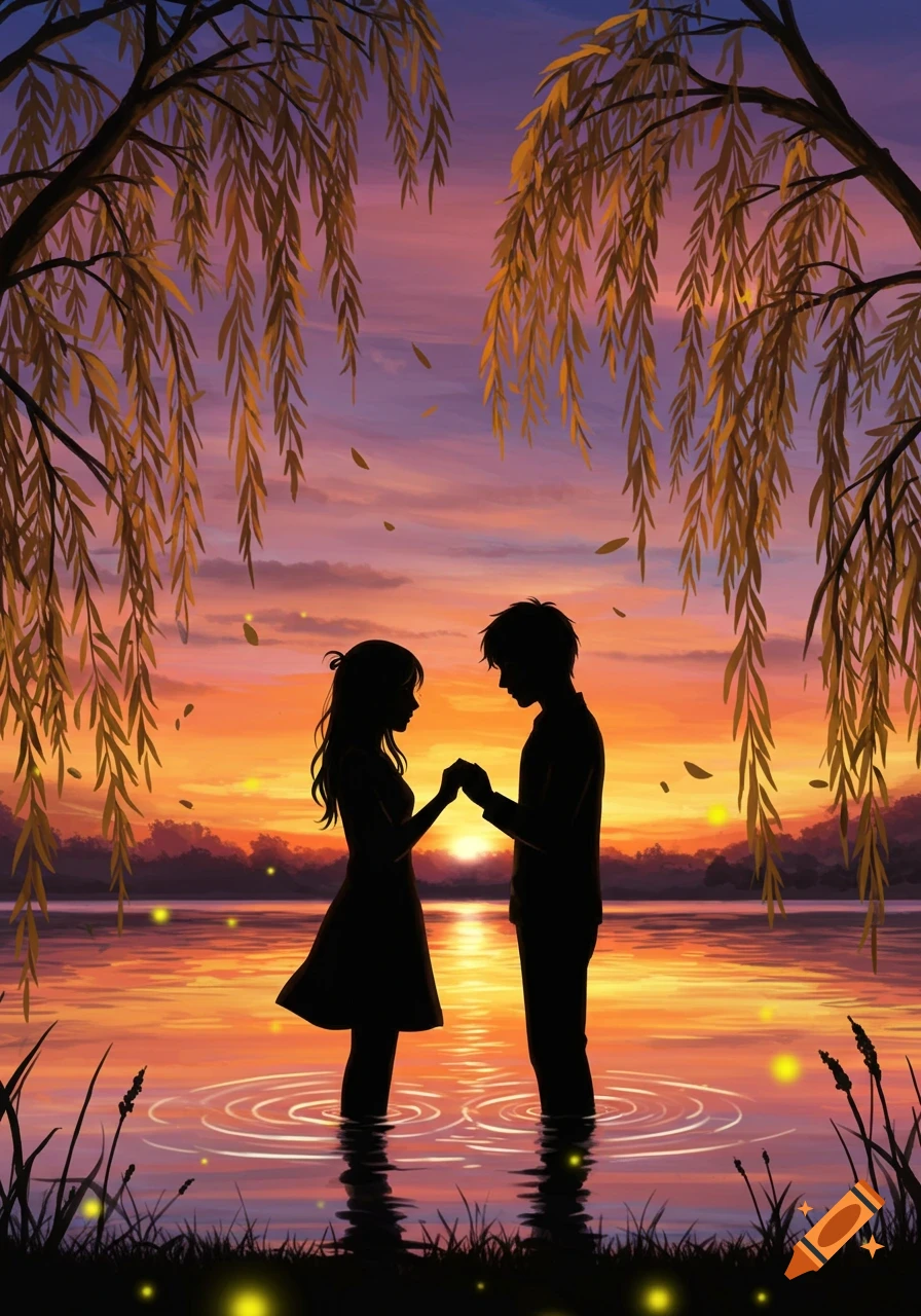 Illustrative silhouette of a couple holding hands in water under willow ...