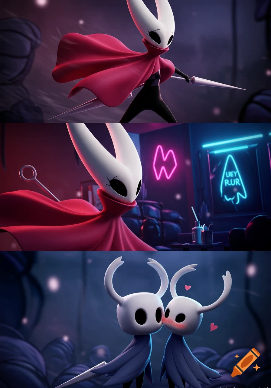 Three panels depicting Hollow Knight characters: Hornet with her weapon ...