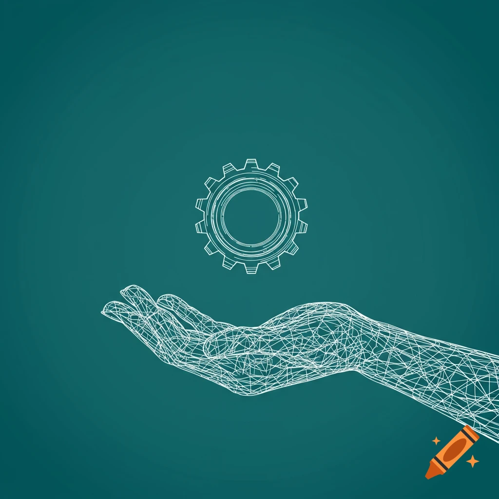 Wireframe hand holding a gear on a solid teal background. on Craiyon