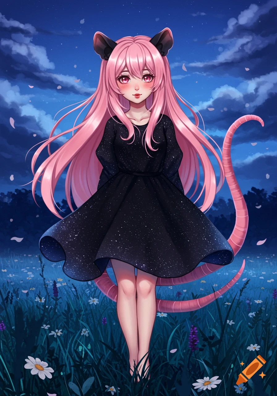 Anime girl with long pink hair, rat ears, and a long rat tail, wearing ...