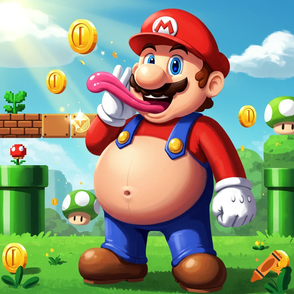 Mario with a large belly and a long pink tongue sticking out, standing ...