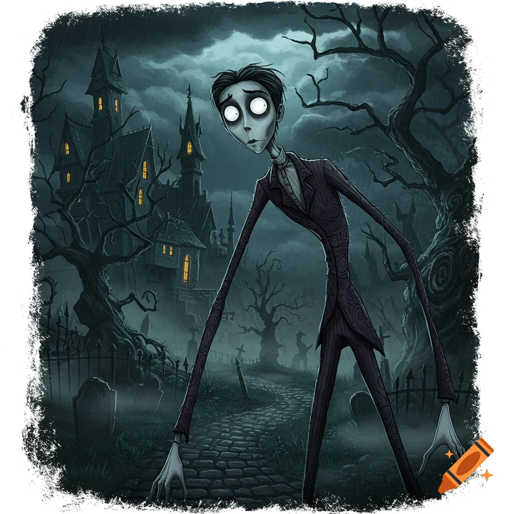 A gaunt, pale, Tim Burton-style character with large white eyes and ...