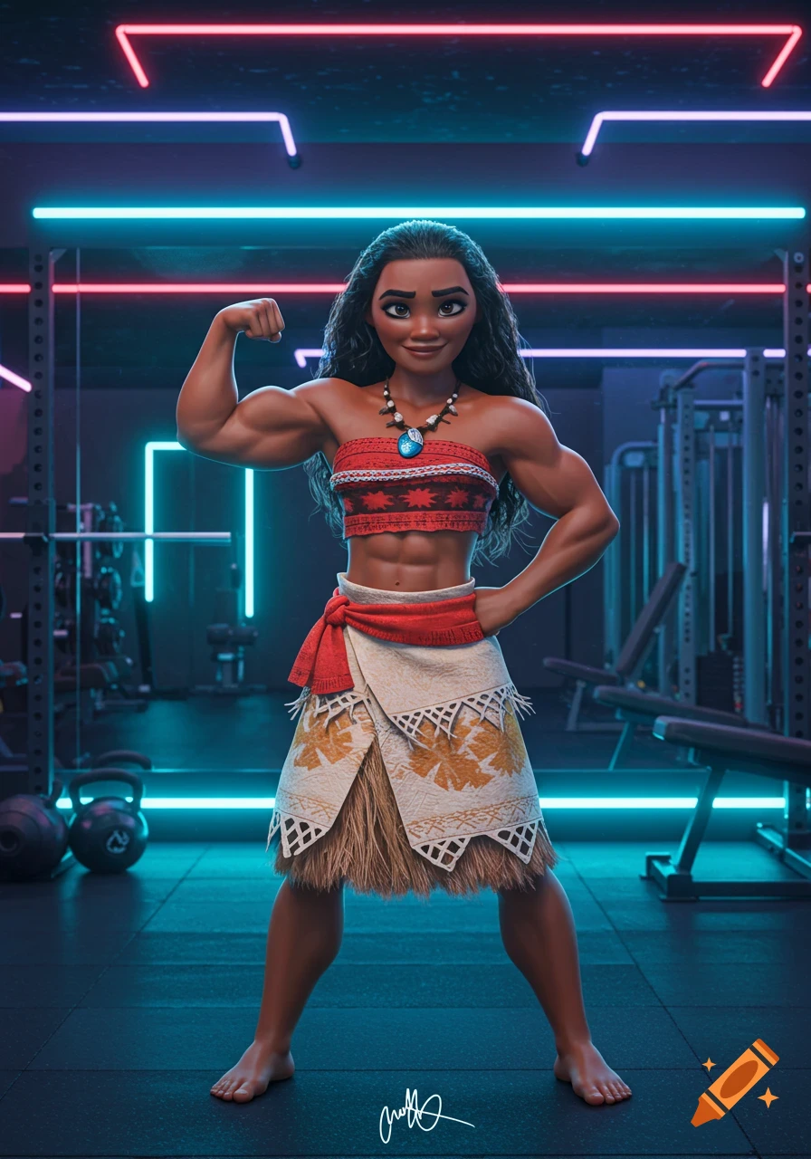 Muscular Disney character Moana flexing a bicep and showing off her abs ...