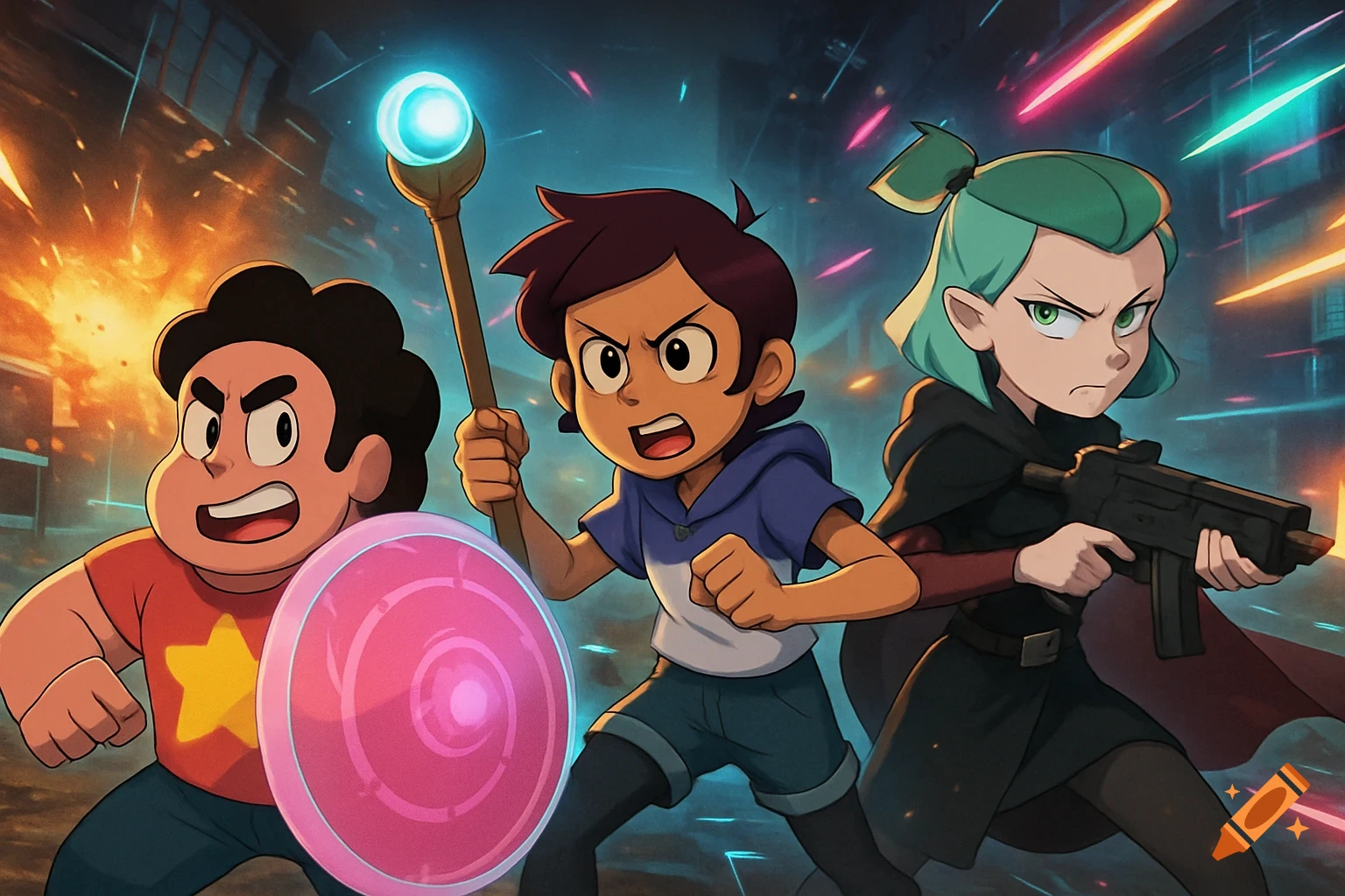 Cartoon of Steven Universe, Luz Noceda with a glowing staff, and Amity ...