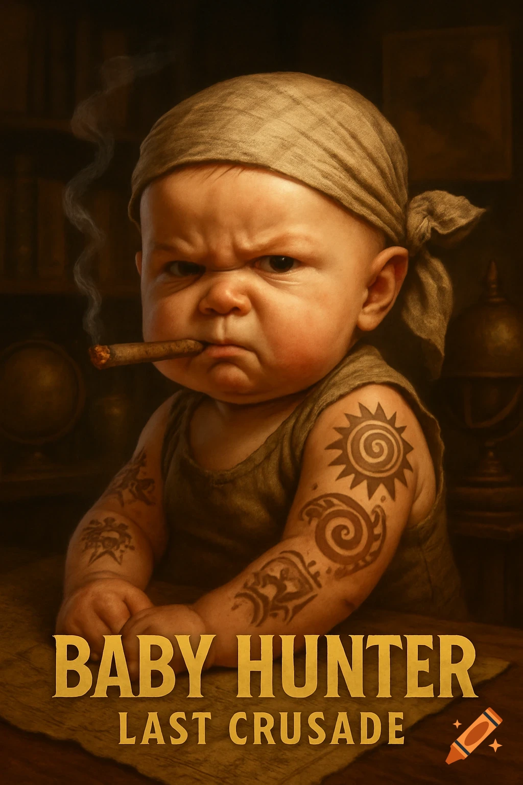 A scowling baby with a bandana, cigar, and arm tattoos, like a movie ...