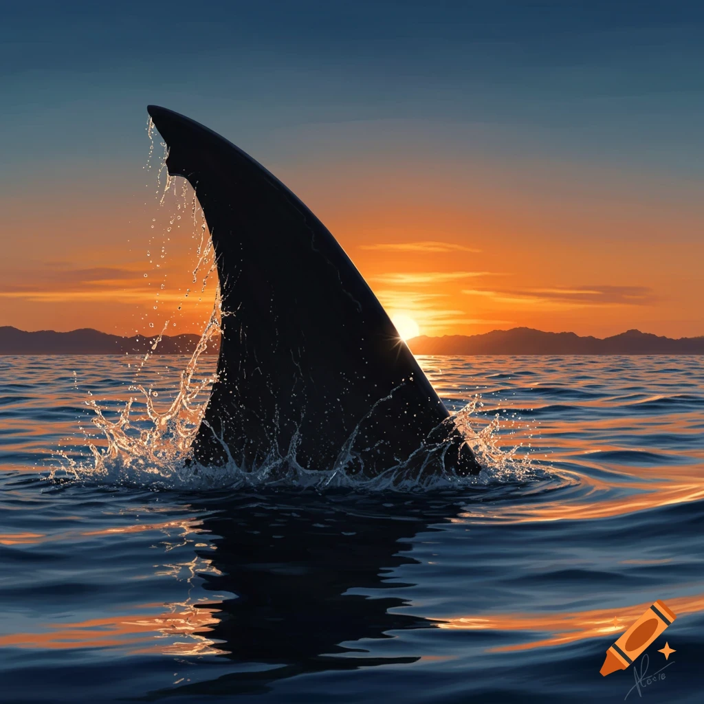 A dark shark fin breaks the surface of the ocean, splashing water ...