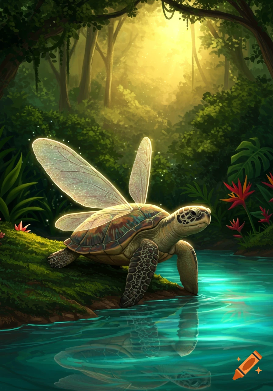 A vibrant, fantasy illustration of a winged turtle emerging from a ...