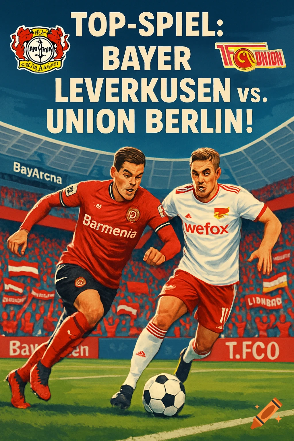 A stylized poster for a football match between Bayer Leverkusen and ...