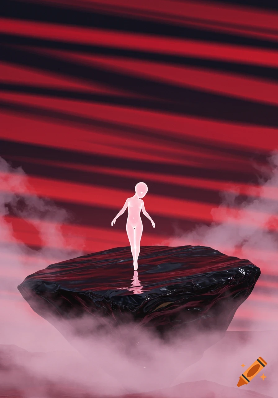A glowing pink humanoid figure stands on a dark, reflective rock amidst ...