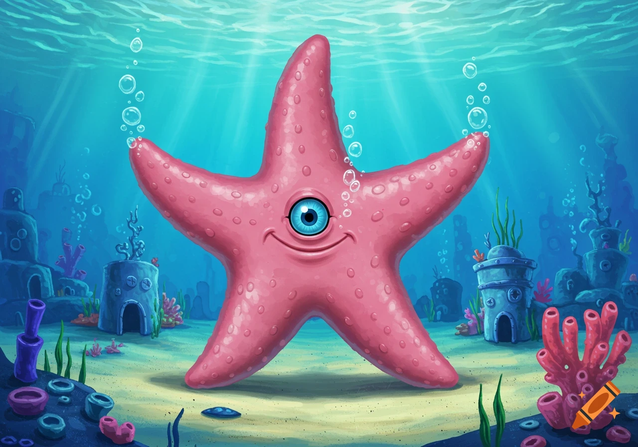 A smiling pink starfish with a large blue eye stands on the sandy ...