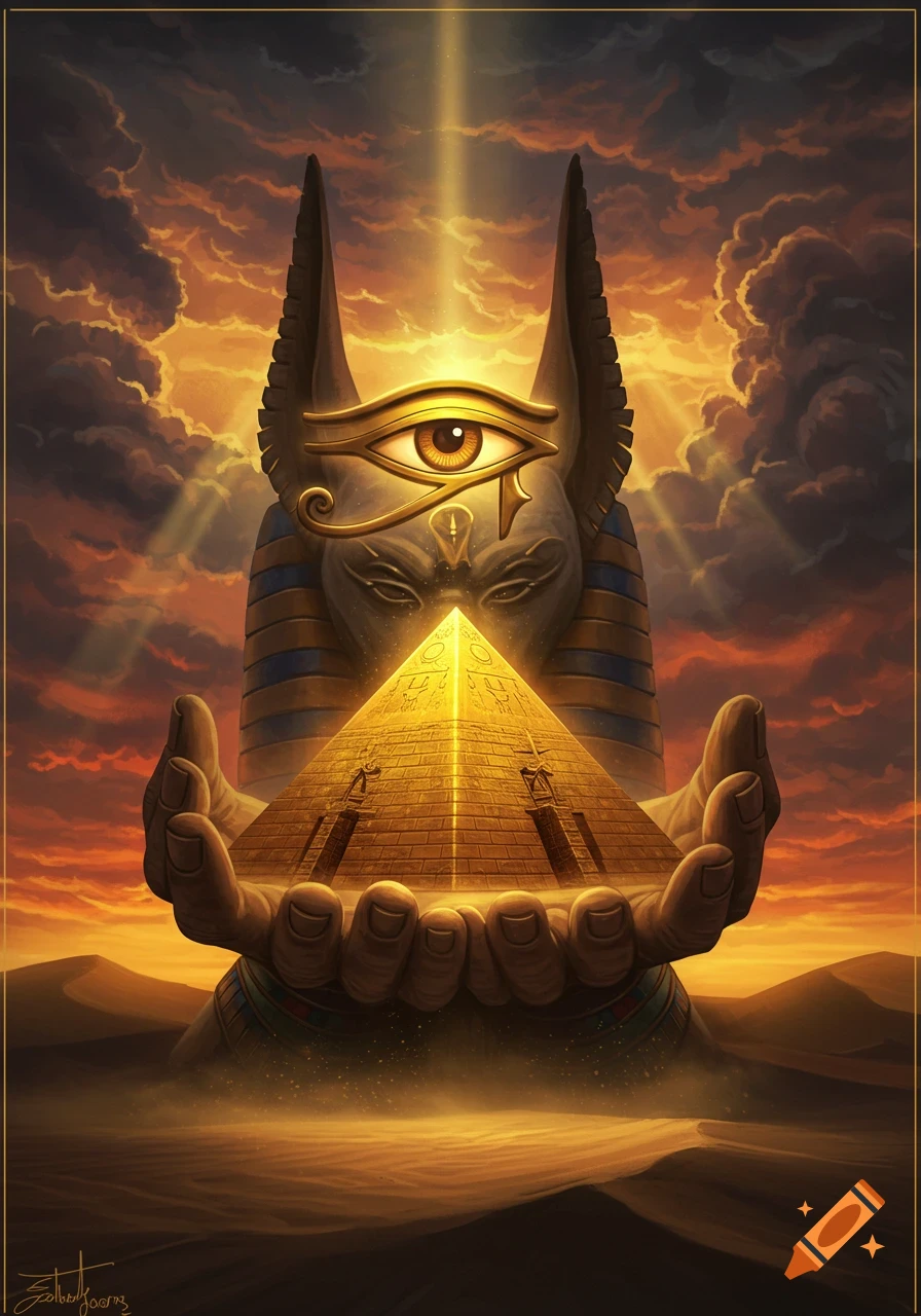 A large Anubis statue with the Eye of Ra above holds a glowing pyramid ...