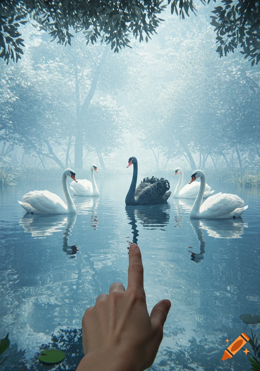 A human hand points at a black swan among white swans in a misty ...