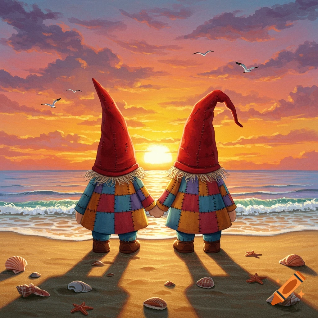 Two gnomes in red hats and patchwork tunics hold hands on a beach at ...