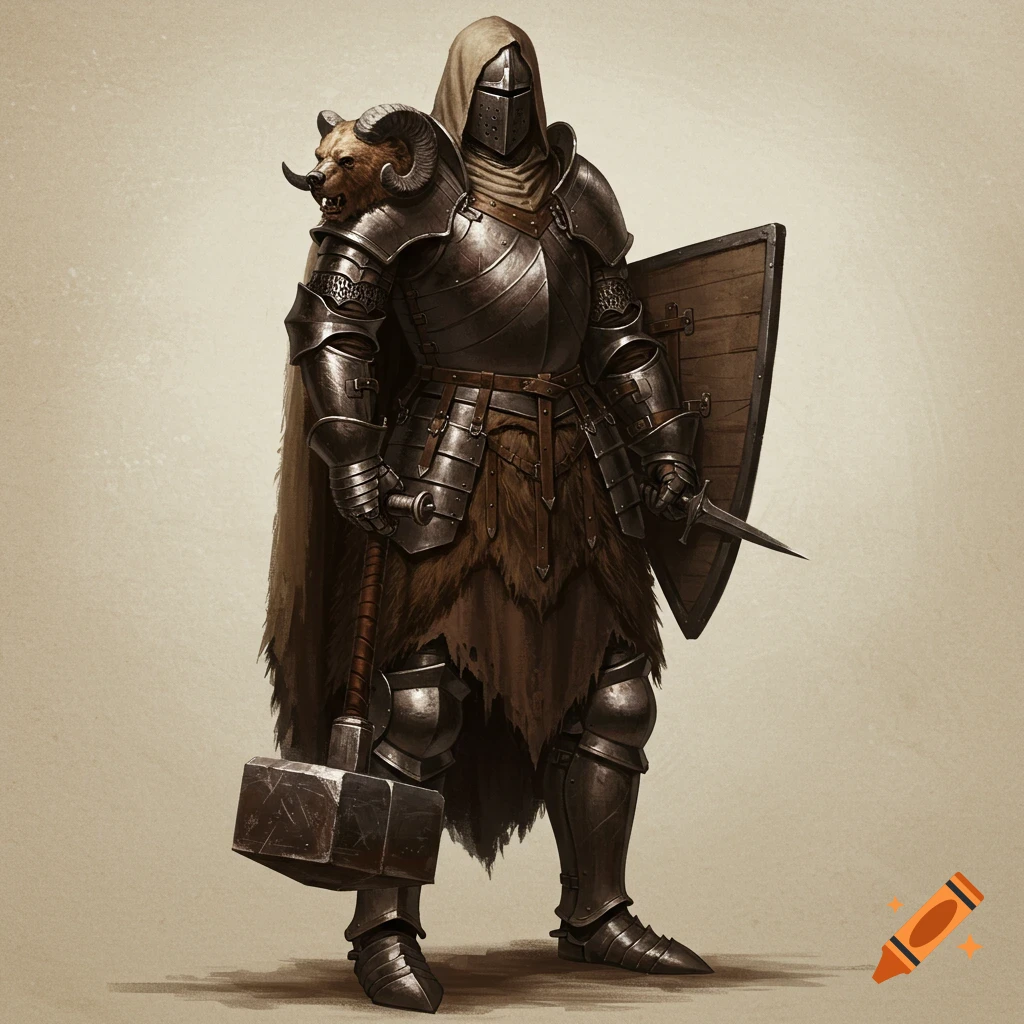 A tall medieval knight in dark plate armor, hooded, with a ram's head ...