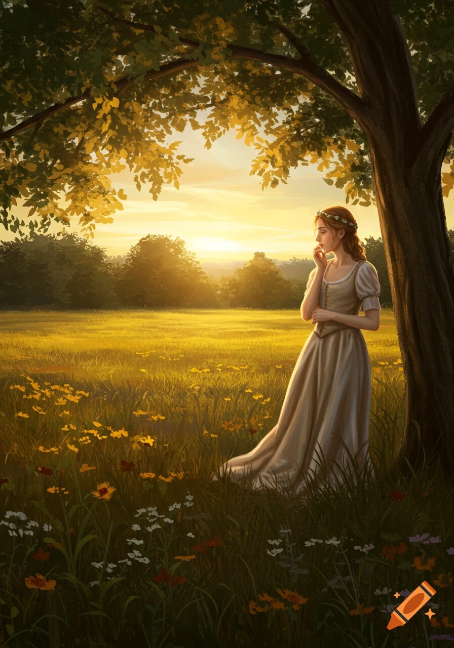 A red-haired woman in a flowing dress stands under a tree in a sunlit ...