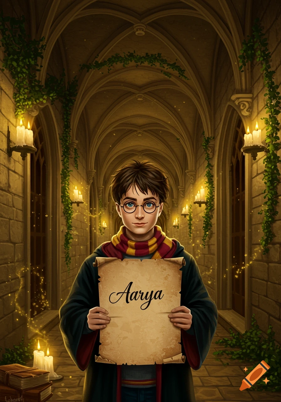 Illustrated Harry Potter in a dimly lit, vine-covered hallway, holding ...