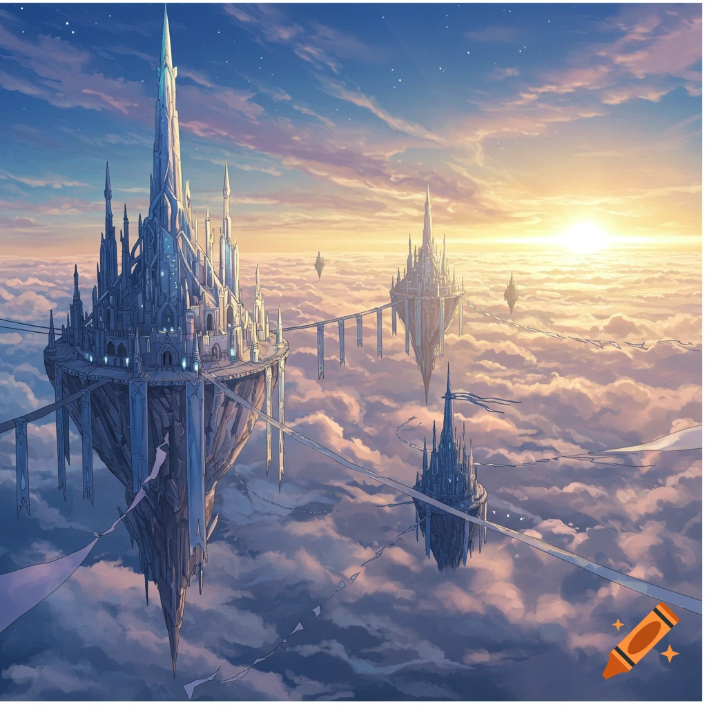 Intricate white fantasy castles float above a sea of clouds at sunset, connected by bridges, in ...
